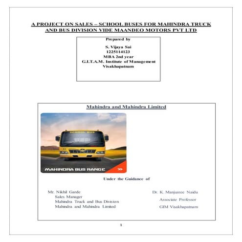 A PROJECT ON SALES – SCHOOL BUSES FOR MAHINDRA TRUCK AND BUS DIVISION ...