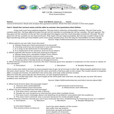 FINAL EXAM- Mc Lit 06: Literary Criticism | DOCX