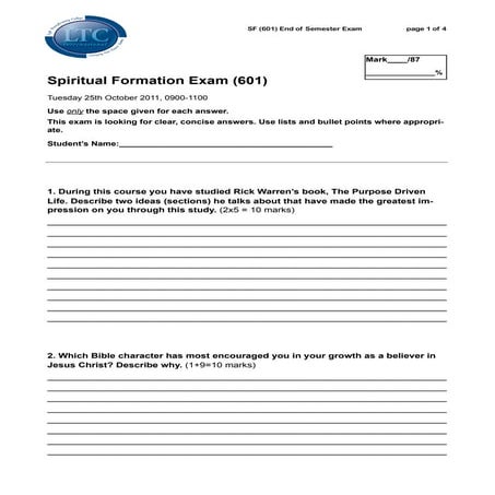 Spiritual Formation: Final exam 2011 | PDF
