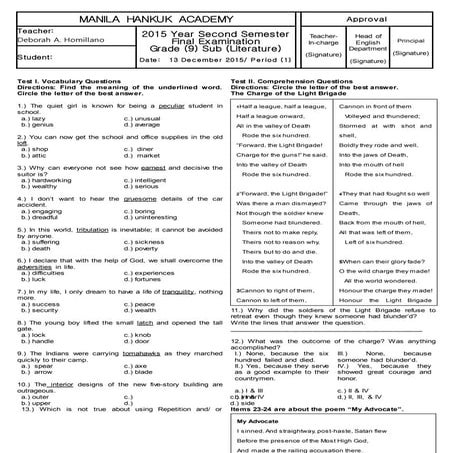 Final exam 2 (grade 9 literature 2nd sem) | DOCX