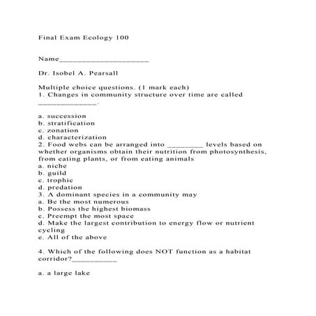 Final Exam Ecology 100Name____________________Dr. Isobel A.docx