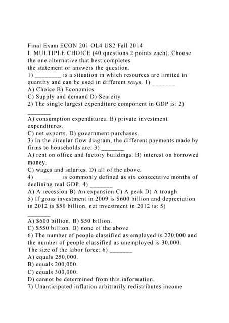 Final Exam Econ 201 Ol4 Us2 Fall 2014i Multiple Choice 40 Quesdocx