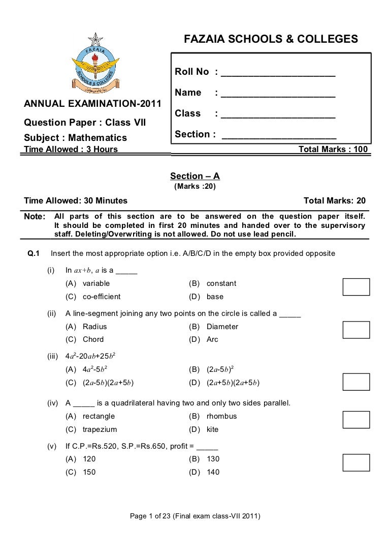 Final examination 2011 class vii
