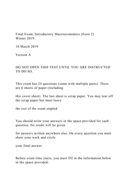 Final Exam Introductory Macroeconomics Econ 2 Winter 2019 Docx