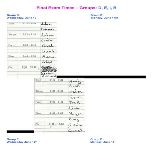 Final exam times groups d, e, i, b | DOC