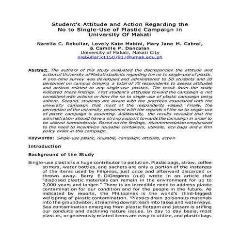 Student’s Attitude and Action Regarding the No to Single-Use of Plastic ...