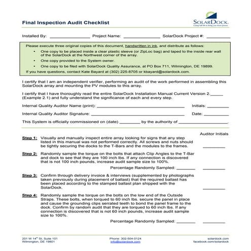 SolarDock Final Inspection Audit Checklist | PDF