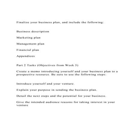 Finalize your business plan, and include the followingBus | DOCX