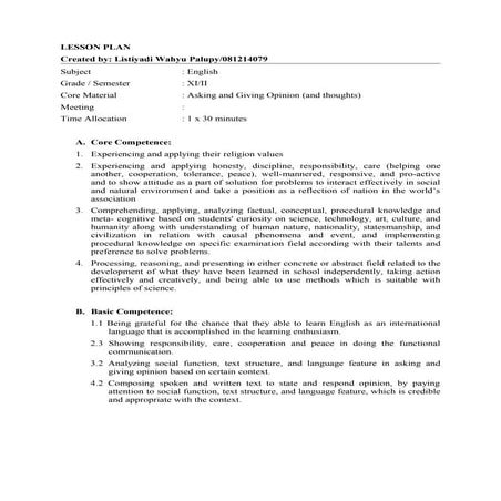 Lesson Plan Asking and Giving Opinion (and Thoughts) kelas VIII ...