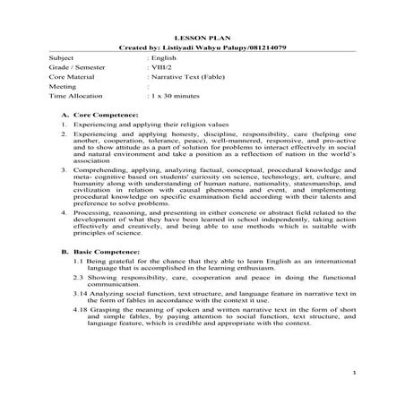 Lesson Plan Narrative text_Fable KD 3.14 Grade VIII | DOC
