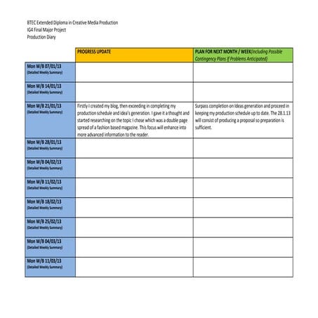 Production diary template update weekly | DOCX