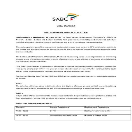 Final media statement sabc tv network takes it to 80% local | DOCX