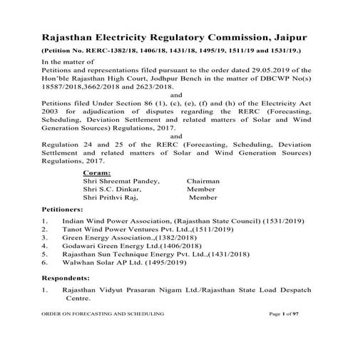Adjudication of dispute regarding RERC (Forecasting, Scheduling ...