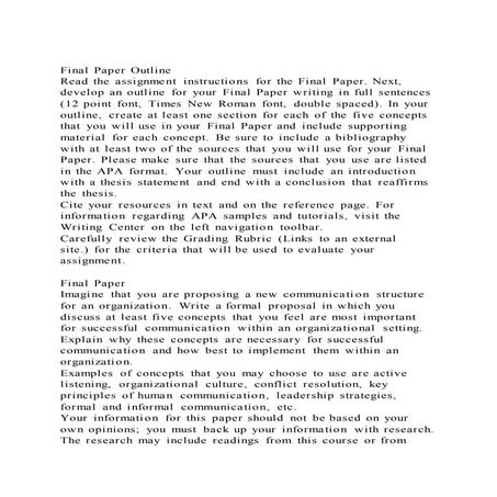 Final Paper OutlineRead the assignment instructions for the Fina | DOCX