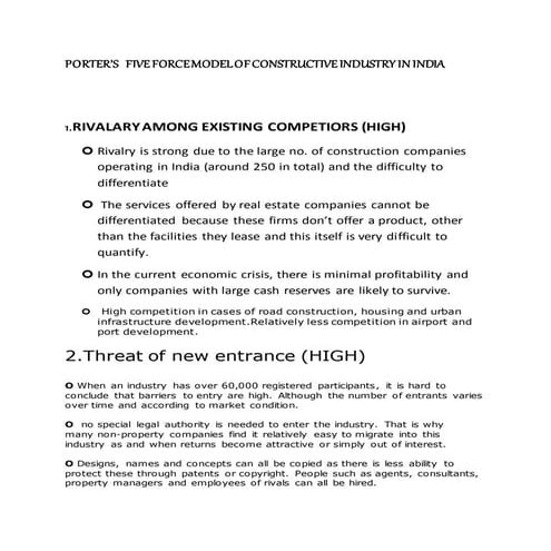 porter five force model on constructive industry in india | DOCX