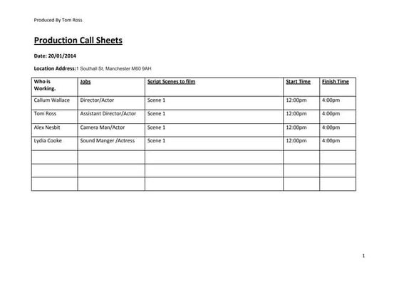 Call sheet one more kiss | PDF