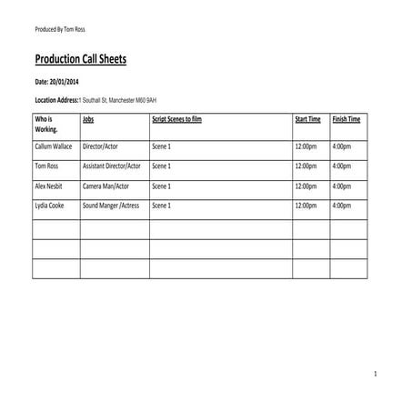 Final production call sheets by tom ross | PPT