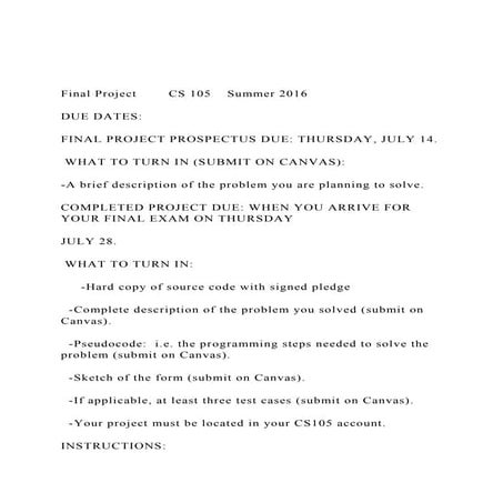 Final Project CS 105 Summer 2016 DUE DATES .docx