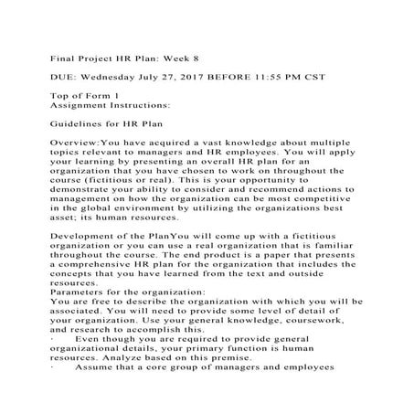 Final Project HR Plan Week 8 DUE Wednesday July 27, 2017 BEF.docx ...