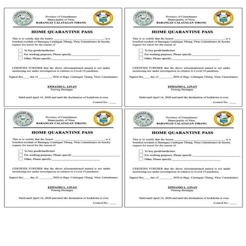 Sample Quarantine Pass | DOCX