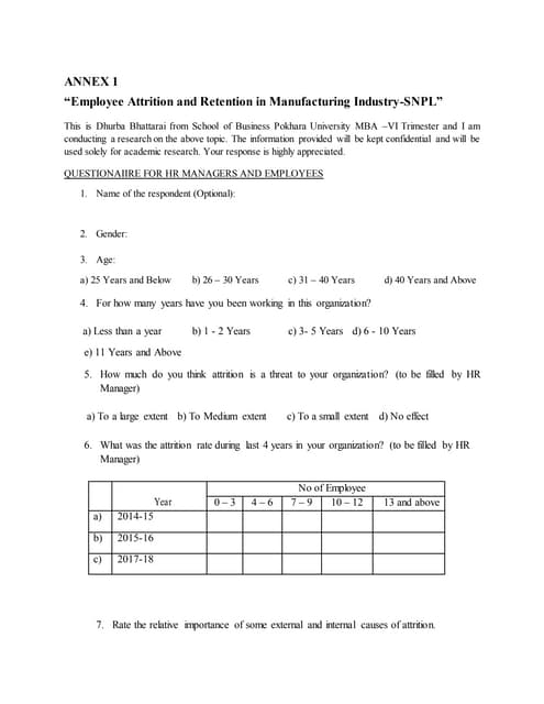 employee retention project Questionnaire pdf | PDF