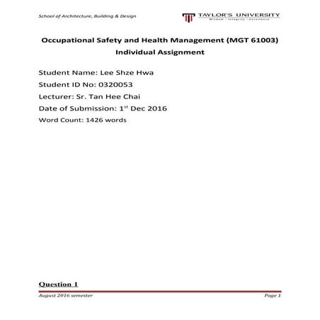 Safety and Health individual assignment | DOC