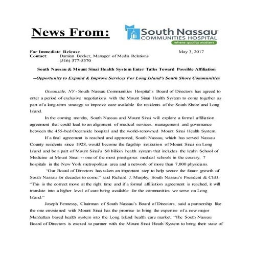 South Nassau & Mount Sinai Health System Enter Talks Toward Affiliation | DOCX