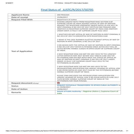 Final status of RTI dated 15.06.2017 updated on 19.06.2017 | Law