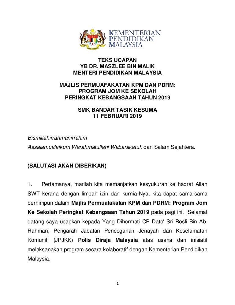 Teks Ucapan YB Menteri Pendidikan Sempena Majlis Permuafakatan KPM Da… Teks Ucapan YB Menteri Pendidikan Sempena Majlis Permuafakatan KPM Da…