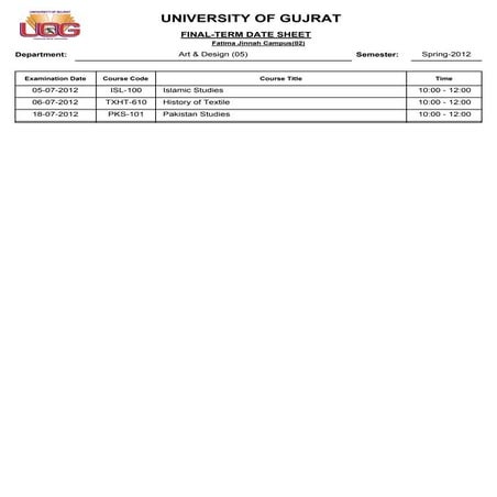 Final term datesheet of all campuses of uog (spring 2012) | PDF