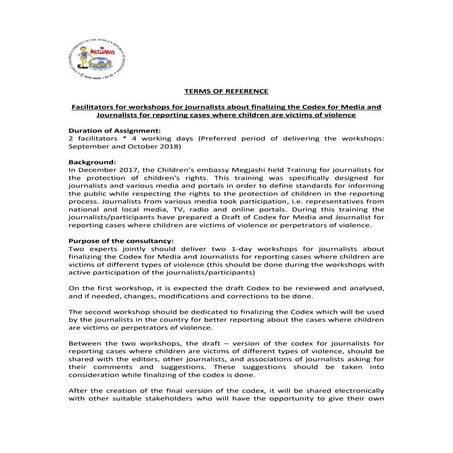 TERMS OF REFERENCE Facilitators for workshops for journalists about ...