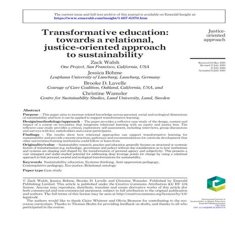 Transformative Education: Towards a Relational, Justice-Oriented Approach to Sustainability | PDF