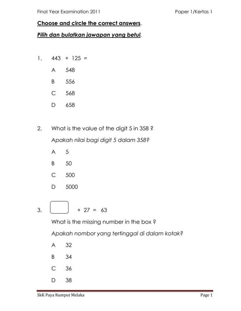 Mathematics exam paper year 5(dlp) | DOCX