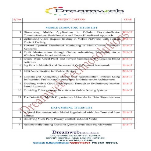 Final year project center in trichy @ieee 2016 17 titles for java and dotnet | PDF