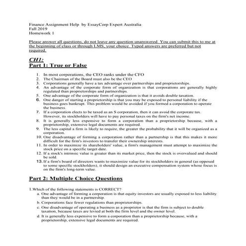 Finance Assignment Help by EssayCorp Experts in Australia | PDF