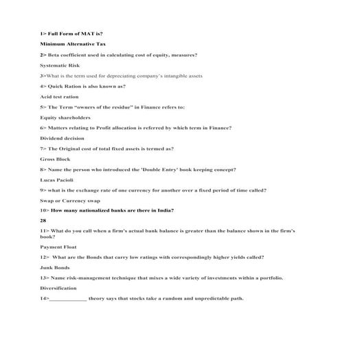 Finance quiz | DOC | Stocks and Bonds | Personal Investing