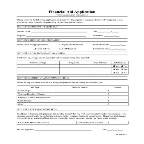 Financial aid application | PDF