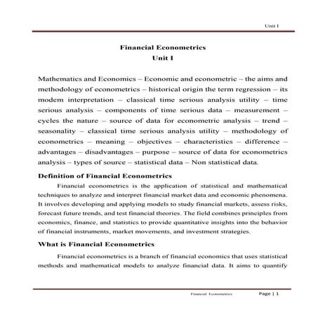 Financial Econometrics Notes covered by Unit I | PDF