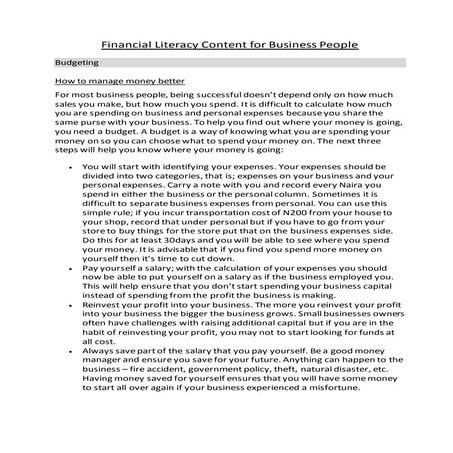 Financial literacy content for business people | PDF