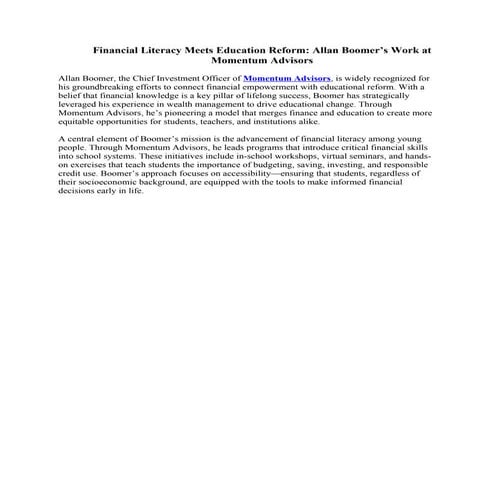 Financial Literacy Meets Education Reform: Allan Boomer’s Work at ...