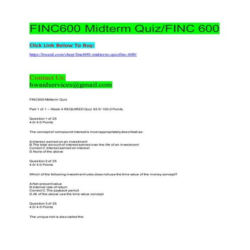 Finc600 midterm quiz finc 600 | DOCX
