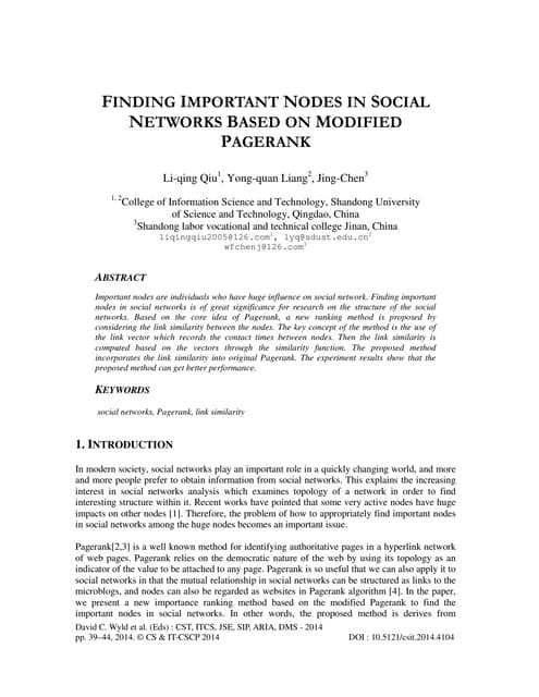 Finding Important Nodes In Social Networks Based On Modified Pagerank Pdf