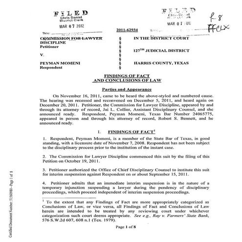 Findings Of Fact And Conclusions Of Law Cert 030711 | PDF | Law