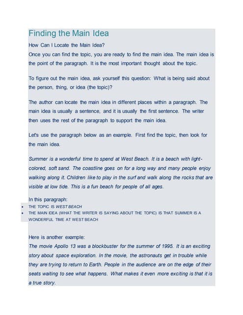 Identifying Topics, Main Ideas, and Supporting Details | PPT