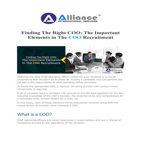 Finding The Right COO: The Important Elements in The COO Recruitment | PDF