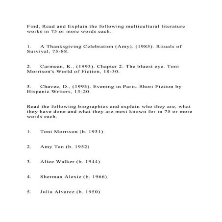 Find, Read and Explain the following multicultural literature works | DOCX