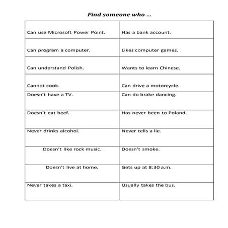 Find someone who 1 (present simple) | PDF