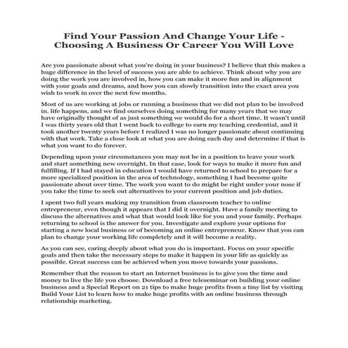 Find Your Passion And Change Your Life - Choosing A Business Or Career ...