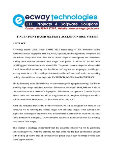 Finger Print Based Security System Doc Operating Systems Computer Software And Applications