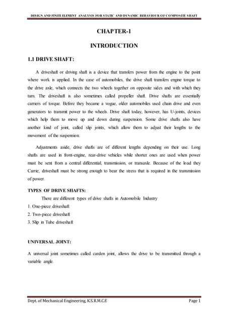 Design And Finiteelement Analysis For Static And Dynamic Behaviour Of Composite Shaft Word Pdf